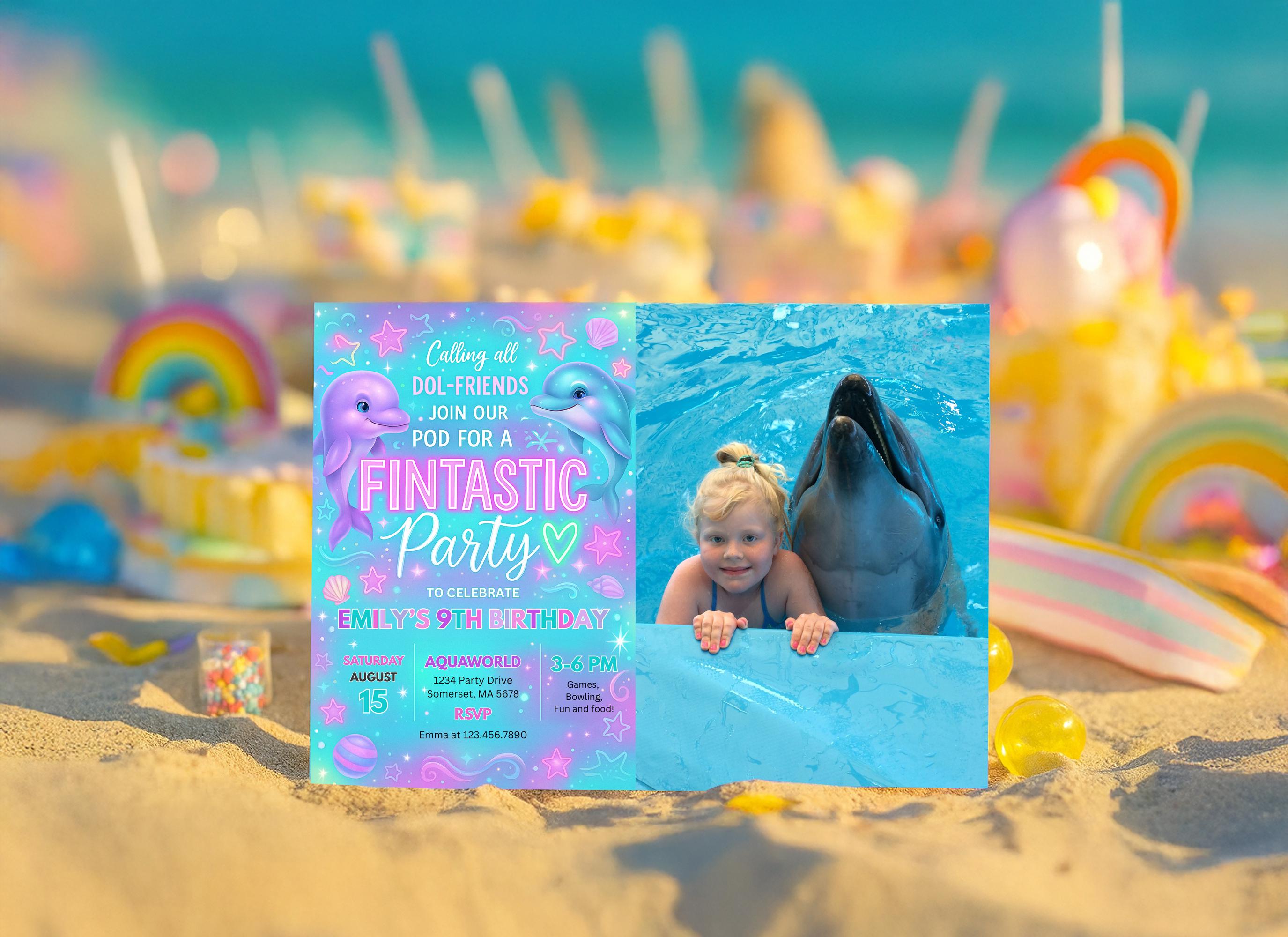 Editable Dolphin Birthday Party Photo Invitation Tie Dye Neon Glow ...