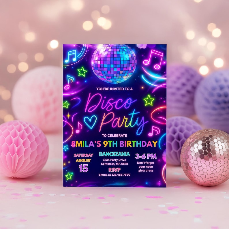 Editable Disco Party Invitation Neon Glow Disco Dance Party Invitation ...