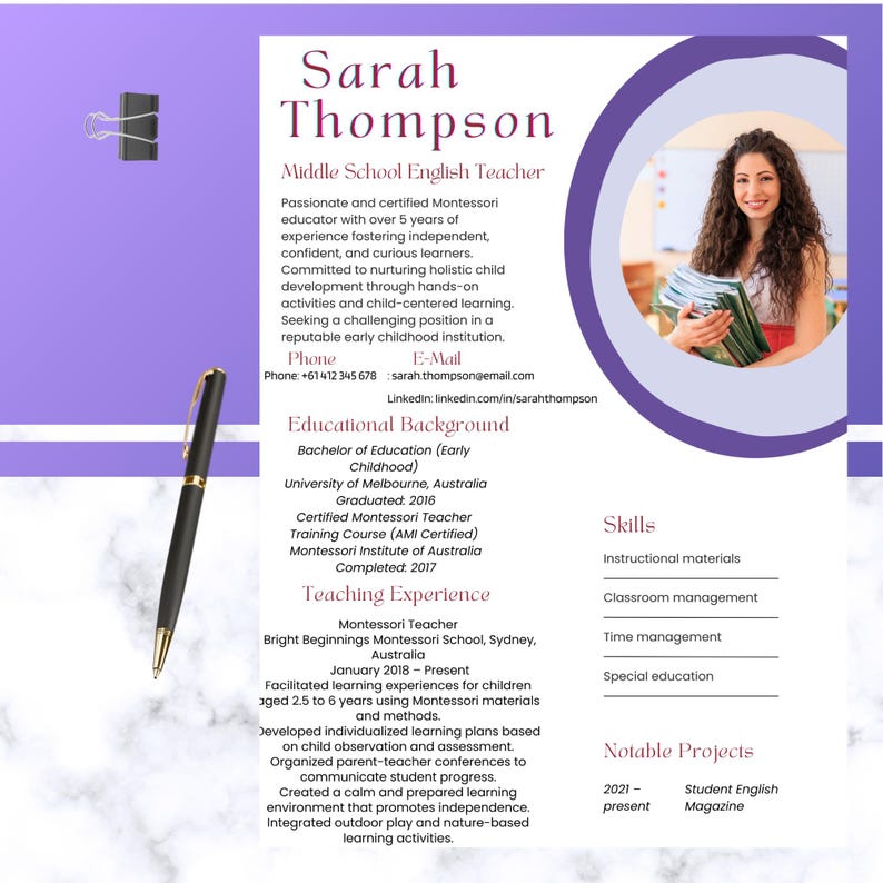 Modern Teacher Resume Template for Word & Canva | Editable Educator CV ...