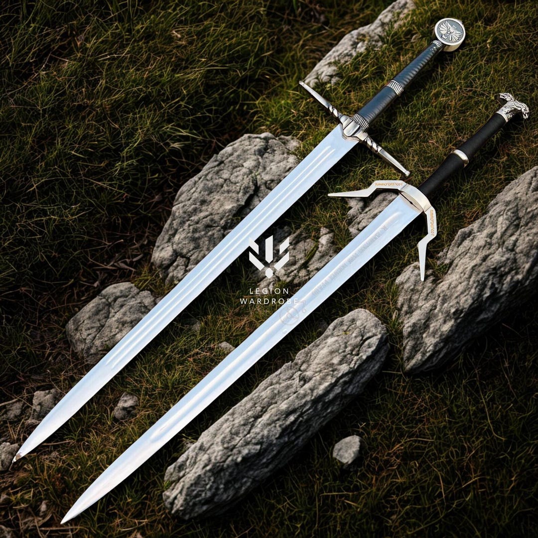 Handmade Witcher Wolf Emblem Sword Set: Steel & Silver Replica Blades ...