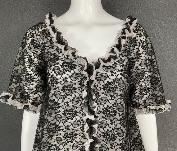 Frilly Ruffled Black Lace Illusion Pink Chiffon Nylon… - Gem