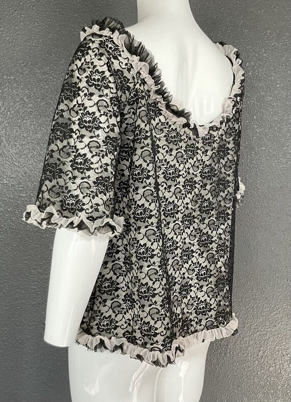 Frilly Ruffled Black Lace Illusion Pink Chiffon Nylon… - Gem