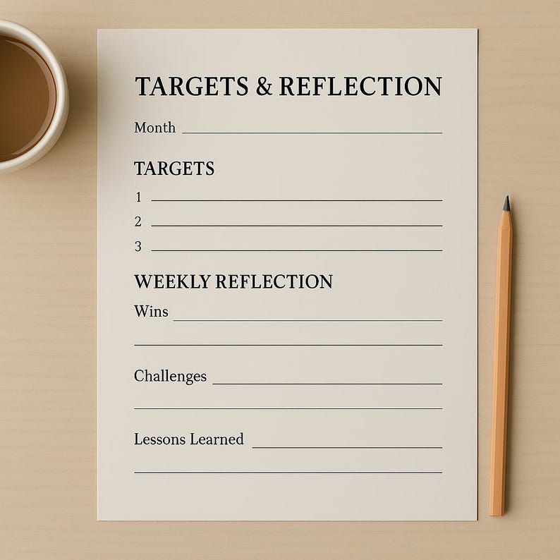 Targets & Weekly Reflection Printable – Minimalist Goal Tracker Sheet ...