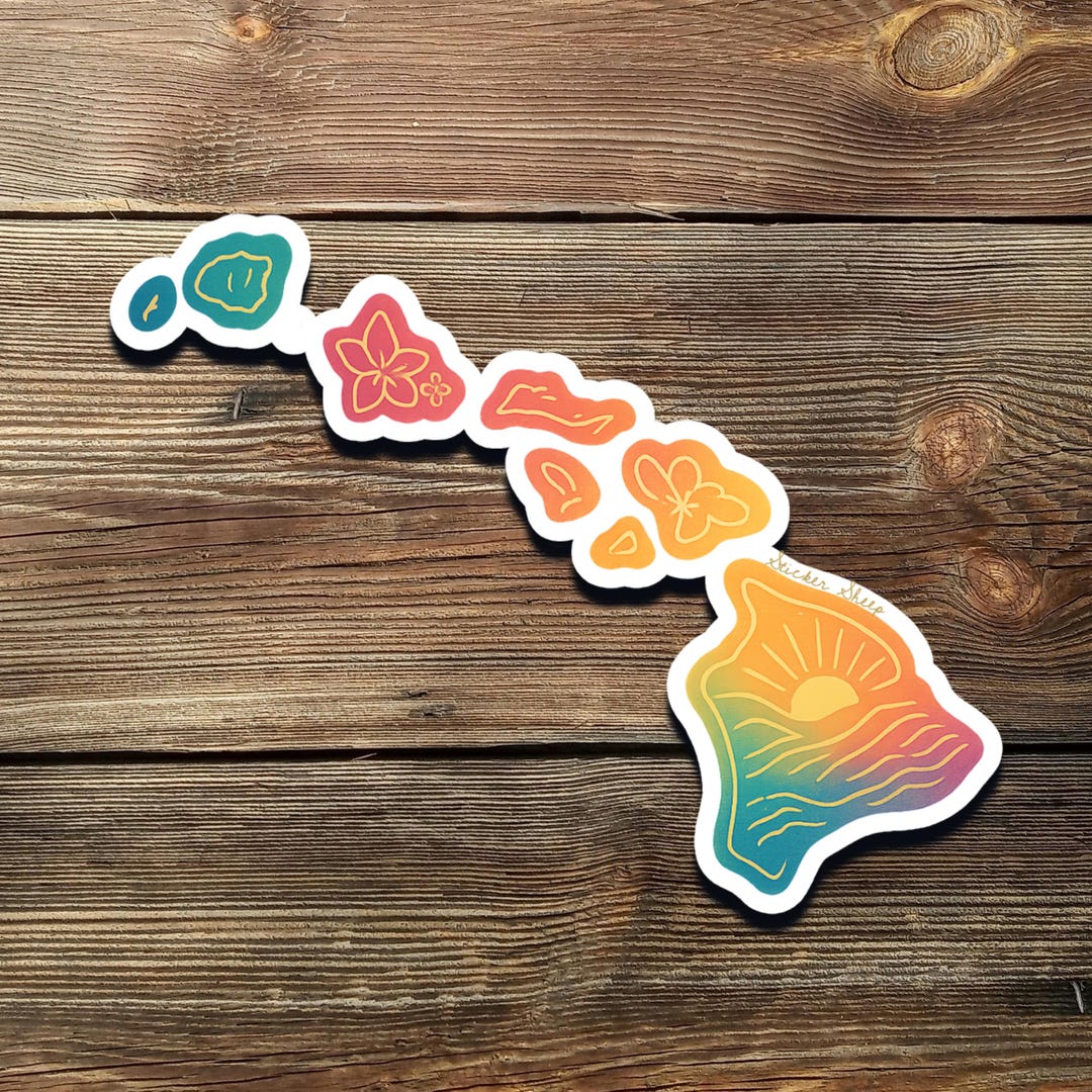Hawaii Islands Vinyl Sticker: Gradient Sunset, Tropical Florals - Etsy