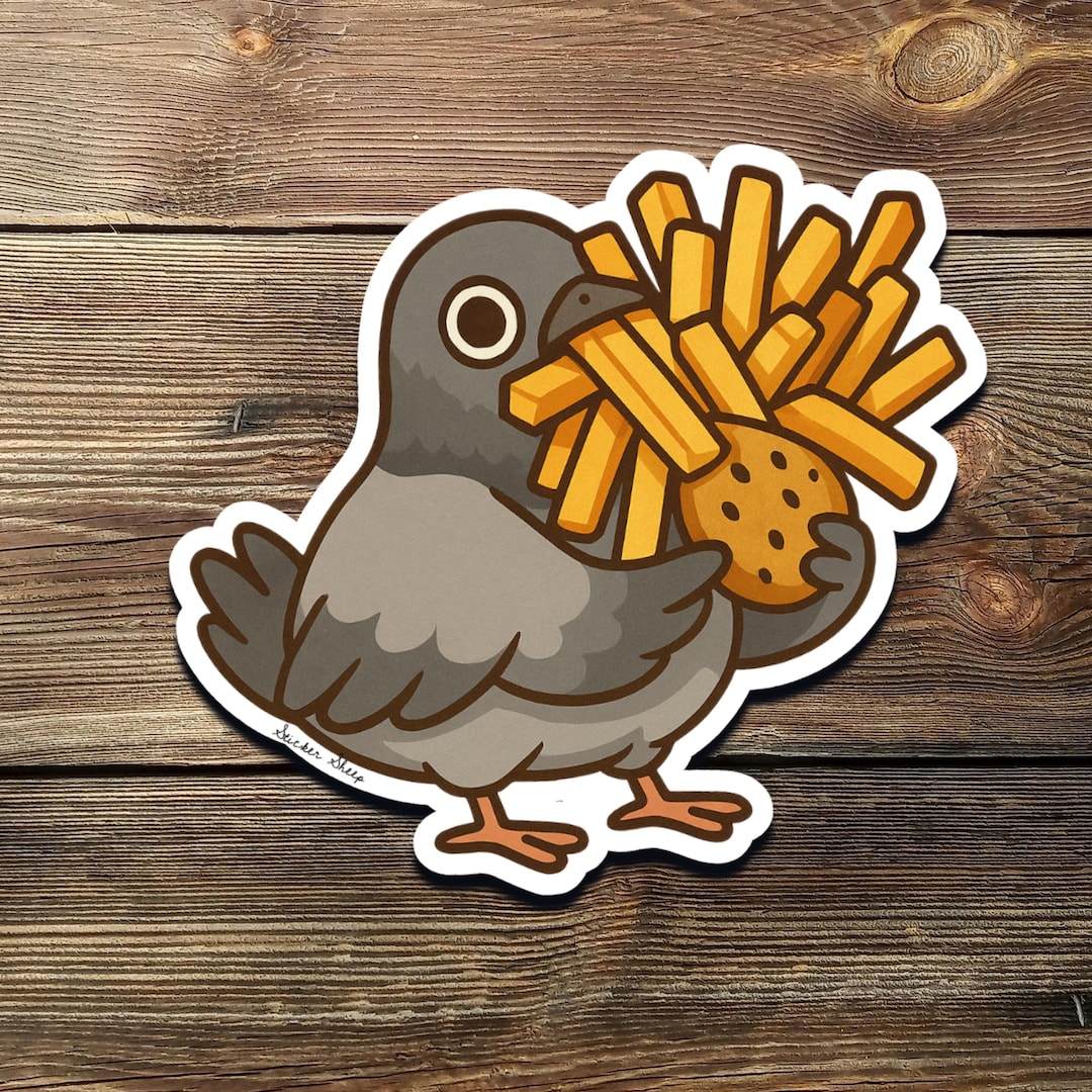 Greedy Pigeon Vinyl Sticker – Funny Bird Eating Fries and Cookie Design ...