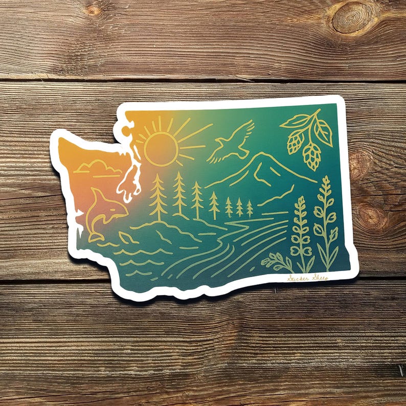Washington State Vinyl Sticker – Gold Foil Design With Orca, Rainier ...