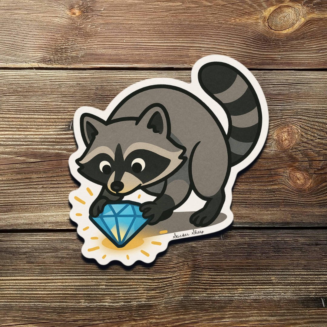 Greedy Raccoon With Diamond Sticker – Funny Cartoon Bandit Animal ...