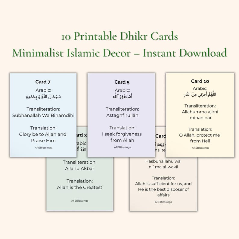 Islamic Dhikr Cards: Printable Arabic Reminders (digital Download - Etsy