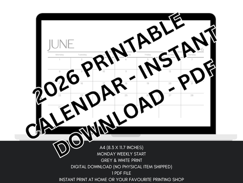 Printable 2026 Minimalist A4 Calendar | Grey & White Monthly Wall ...