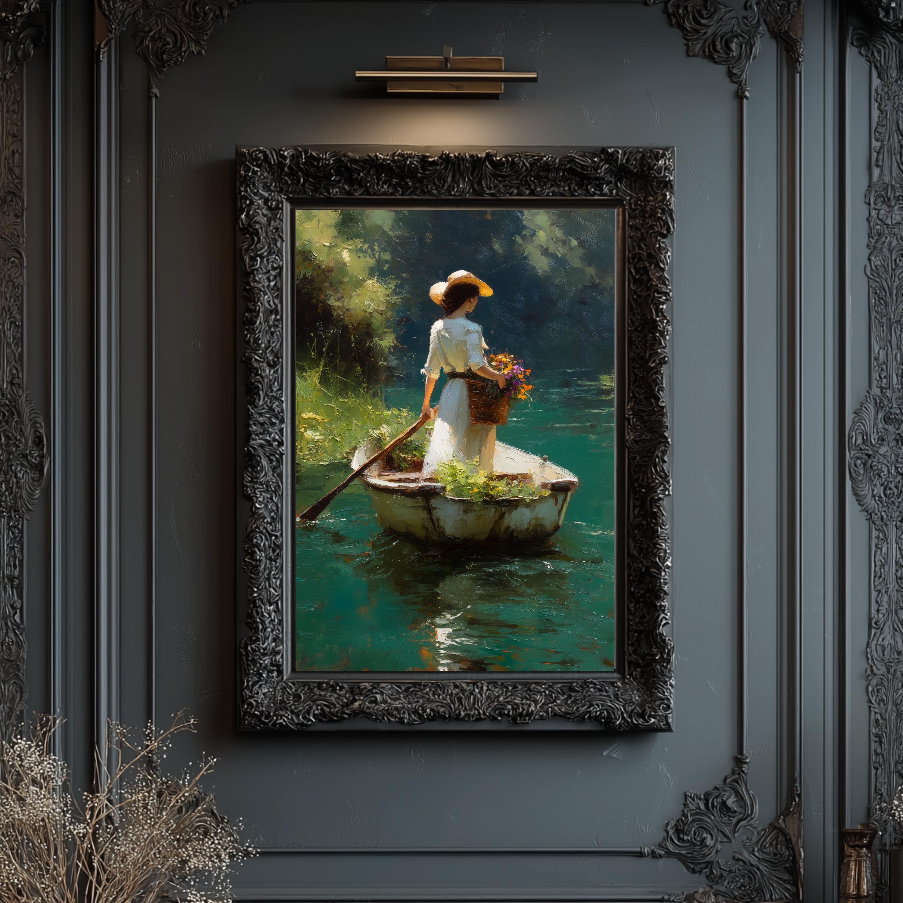 Cottagecore Woman in Boat Art Print: Vintage Floral River Scene - Etsy