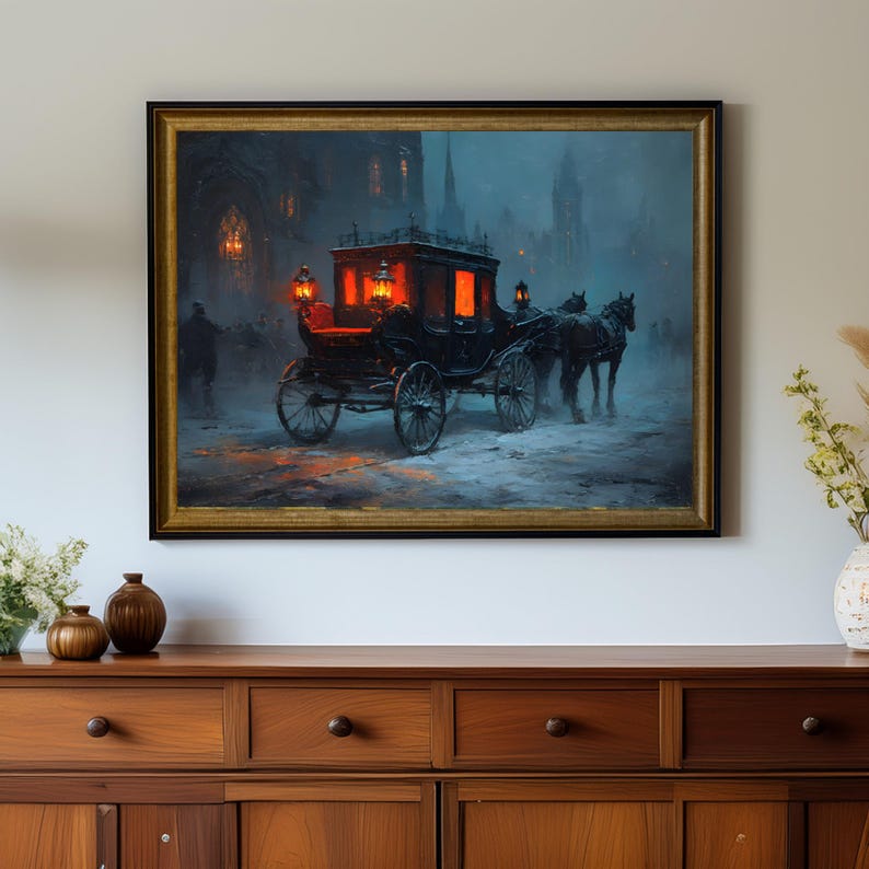 Victorian Carriage Art Print, Gothic Street Scene Wall Decor, Misty ...