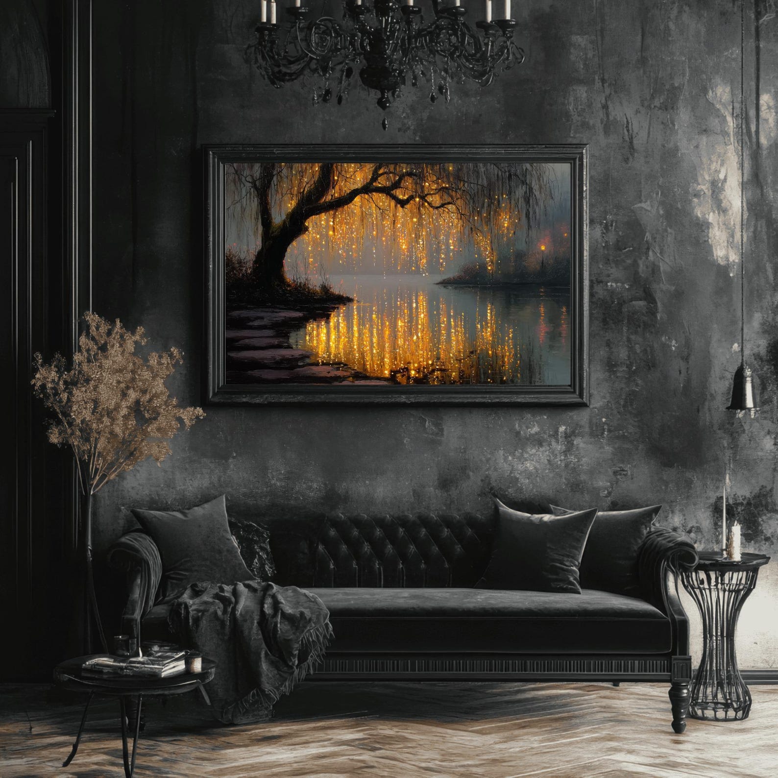 Enchanted Willow Tree Fairy Lights Art Print, Moody Magic Lake ...