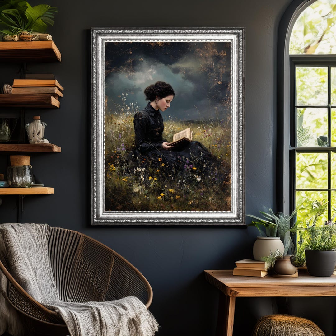 Dark Cottagecore Woman Reading Art Print, Moody Flowers Field Book ...