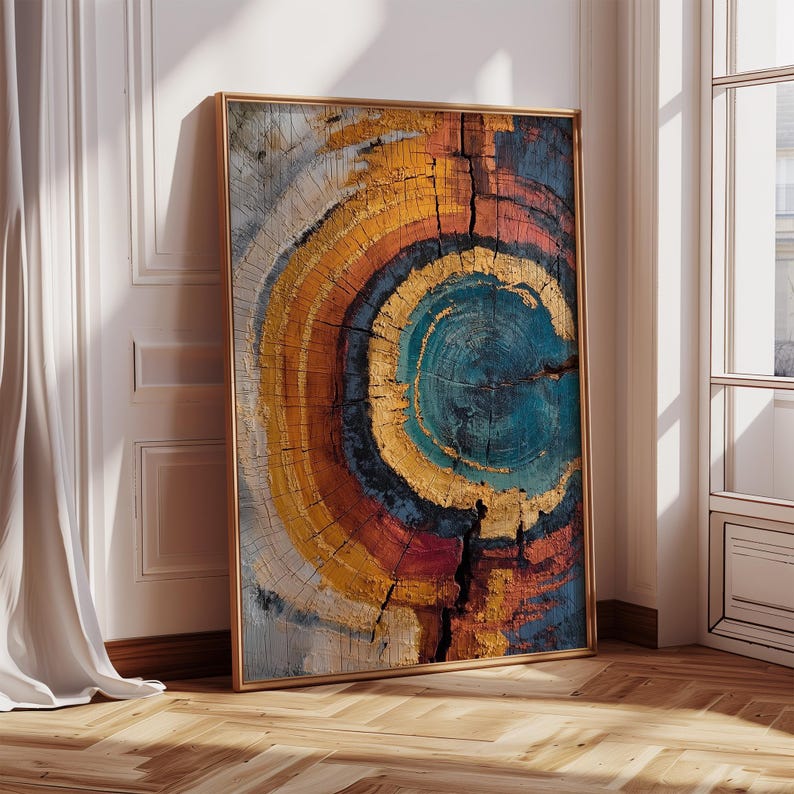 Abstract Tree Rings Wall Art, Colorful Wood Grain Print, Rustic Modern ...