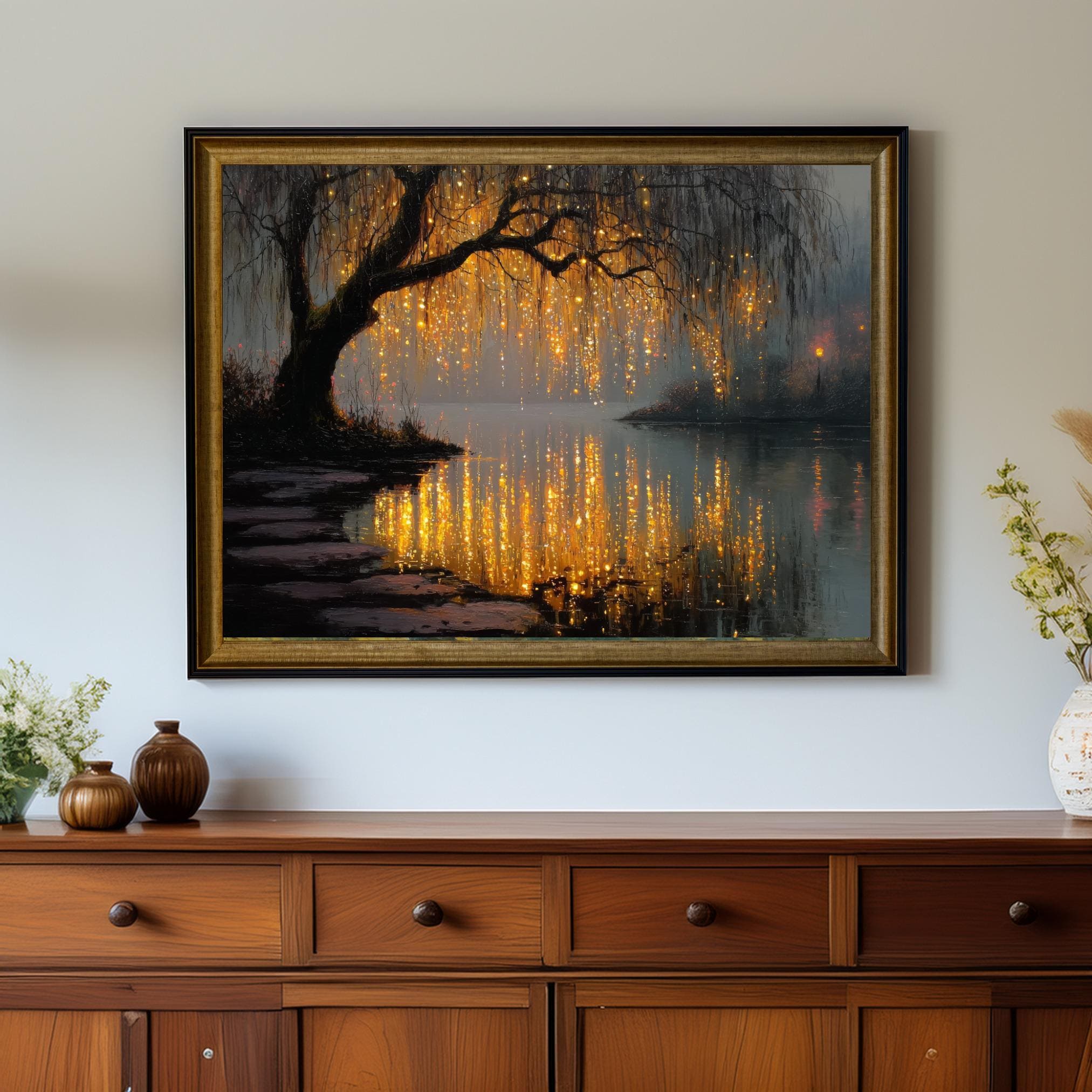 Enchanted Willow Tree Fairy Lights Art Print, Moody Magic Lake ...