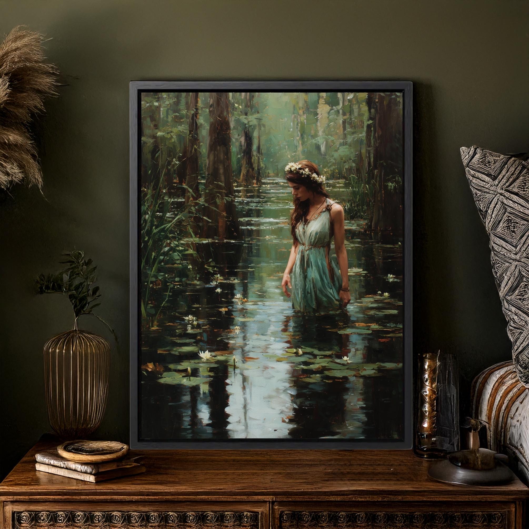 Mystical Swamp Goddess Art Print, Ethereal Spirit in Water With Lilies ...
