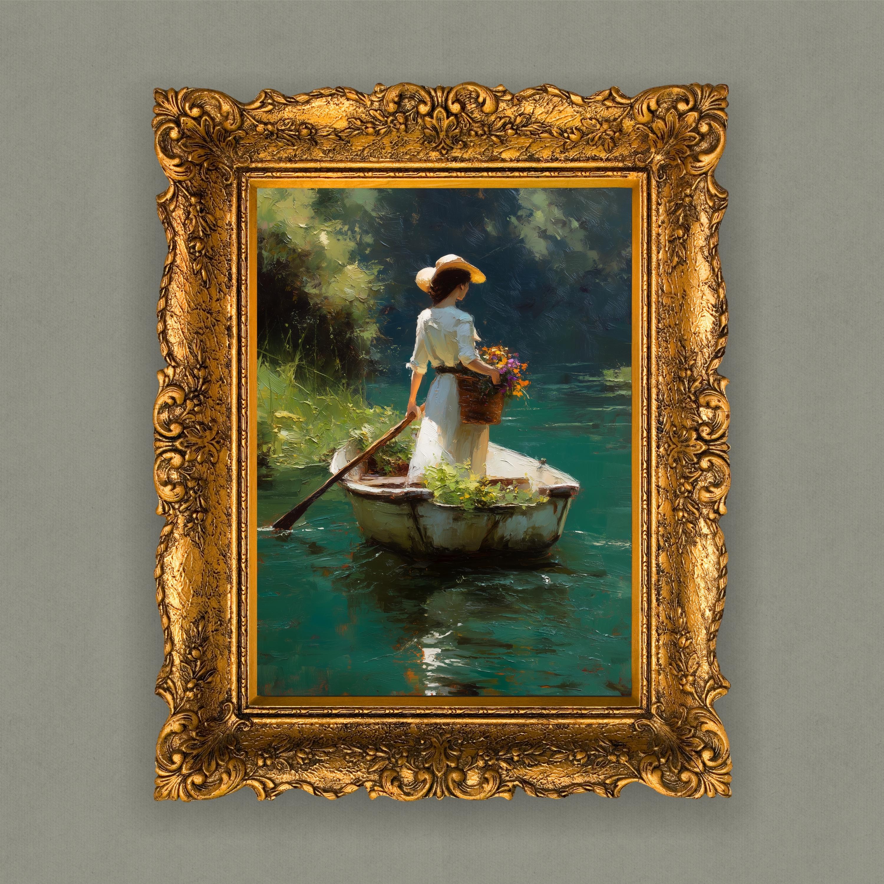 Cottagecore Woman in Boat Art Print: Vintage Floral River Scene - Etsy