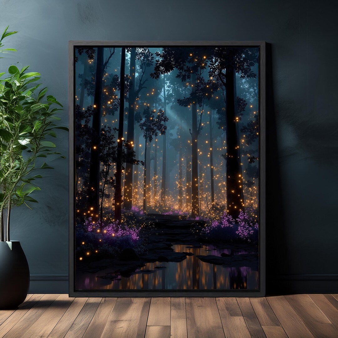 Enchanted Forest Print: Mystical Woodland, Fireflies, Fantasy Landscape ...