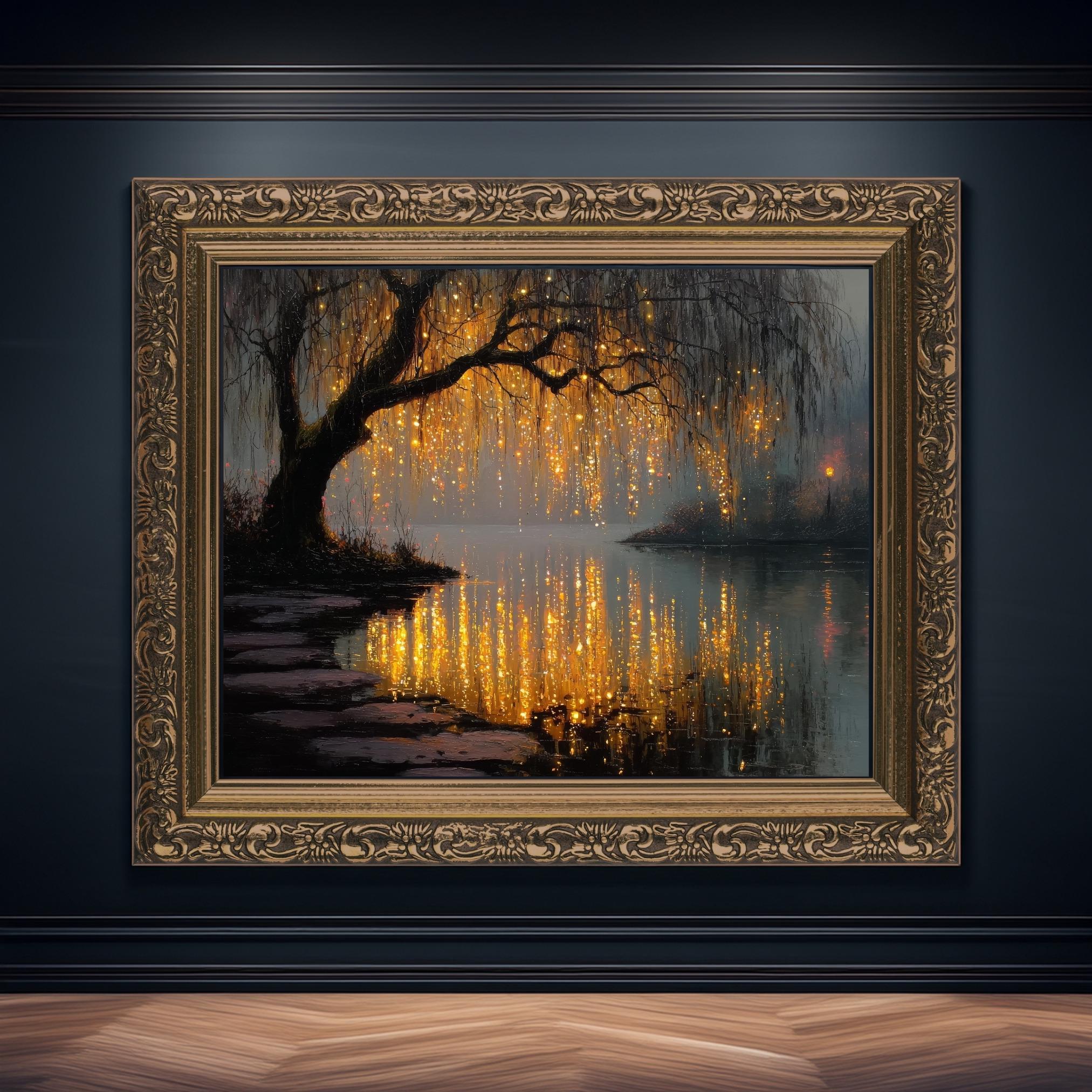Enchanted Willow Tree Fairy Lights Art Print, Moody Magic Lake ...