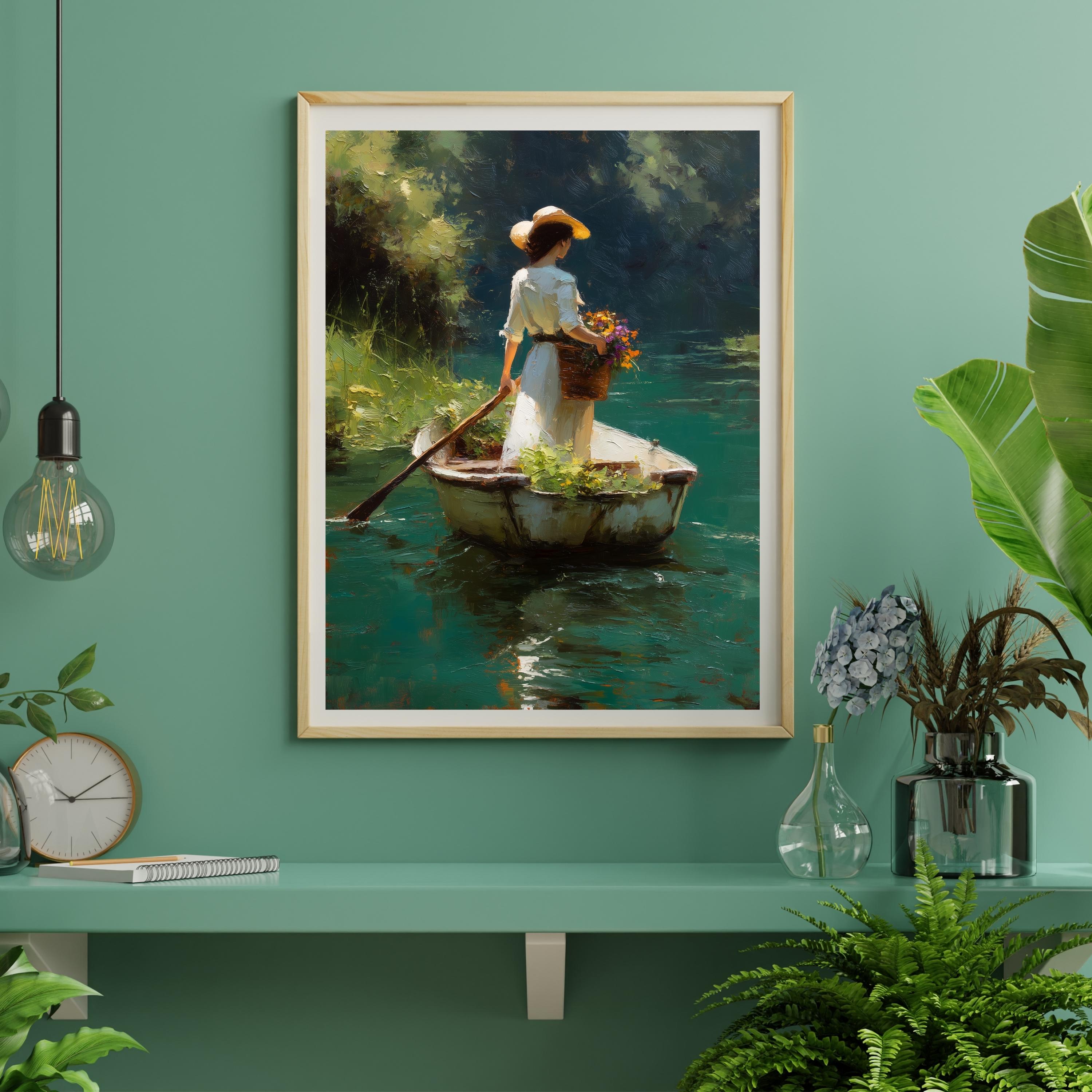 Cottagecore Woman in Boat Art Print: Vintage Floral River Scene - Etsy