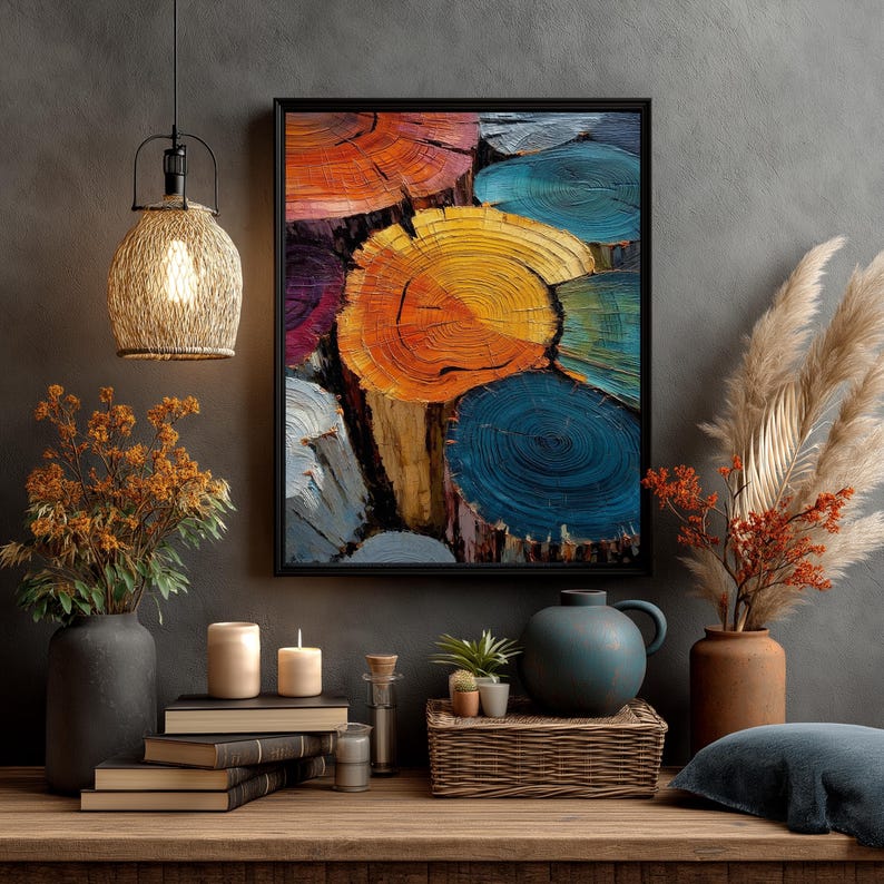 Cottagecore Tree Rings Oil Painting Print, Boho Abstract Wood Slice ...