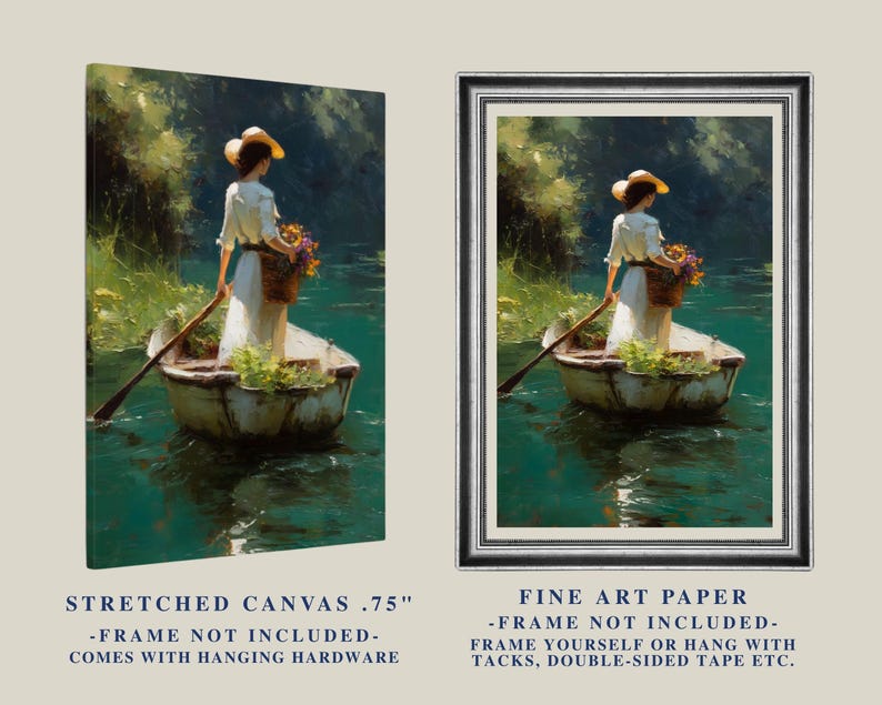 Cottagecore Woman in Boat Art Print: Vintage Floral River Scene - Etsy