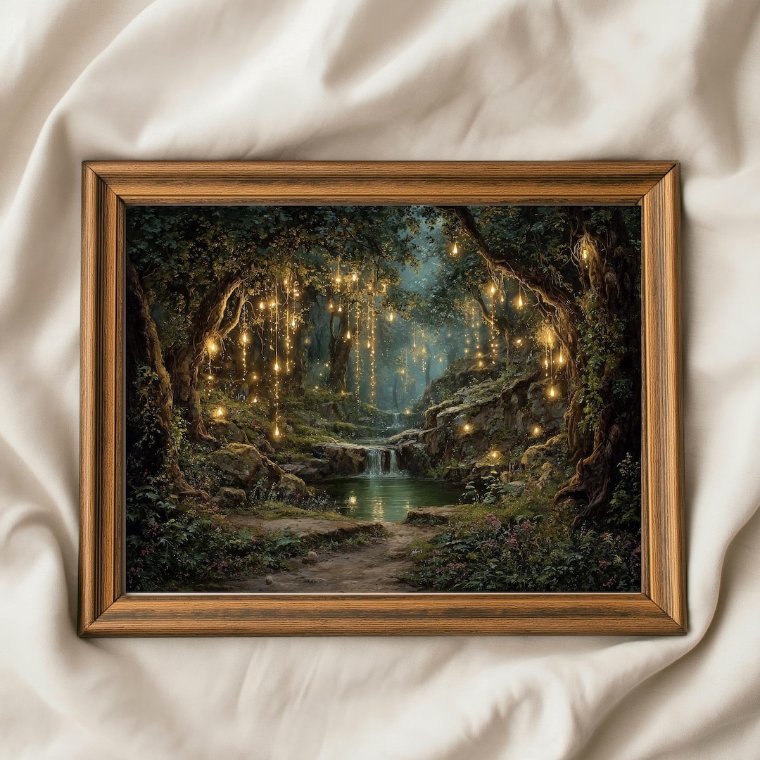 Enchanted Forest Waterfall Art Print, Magical Fairy Lights Woodland ...