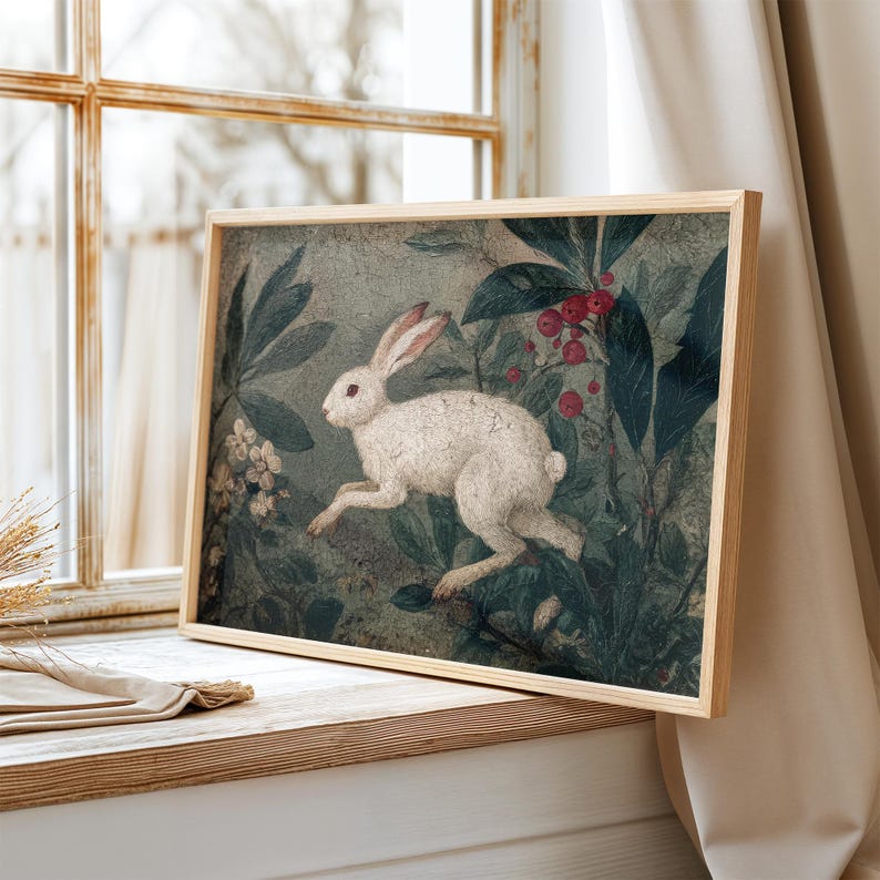 Vintage Rabbit Wall Art Print, Woodland Bunny Botanical Illustration ...