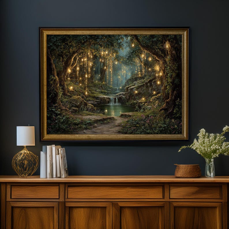 Enchanted Forest Waterfall Art Print, Magical Fairy Lights Woodland ...