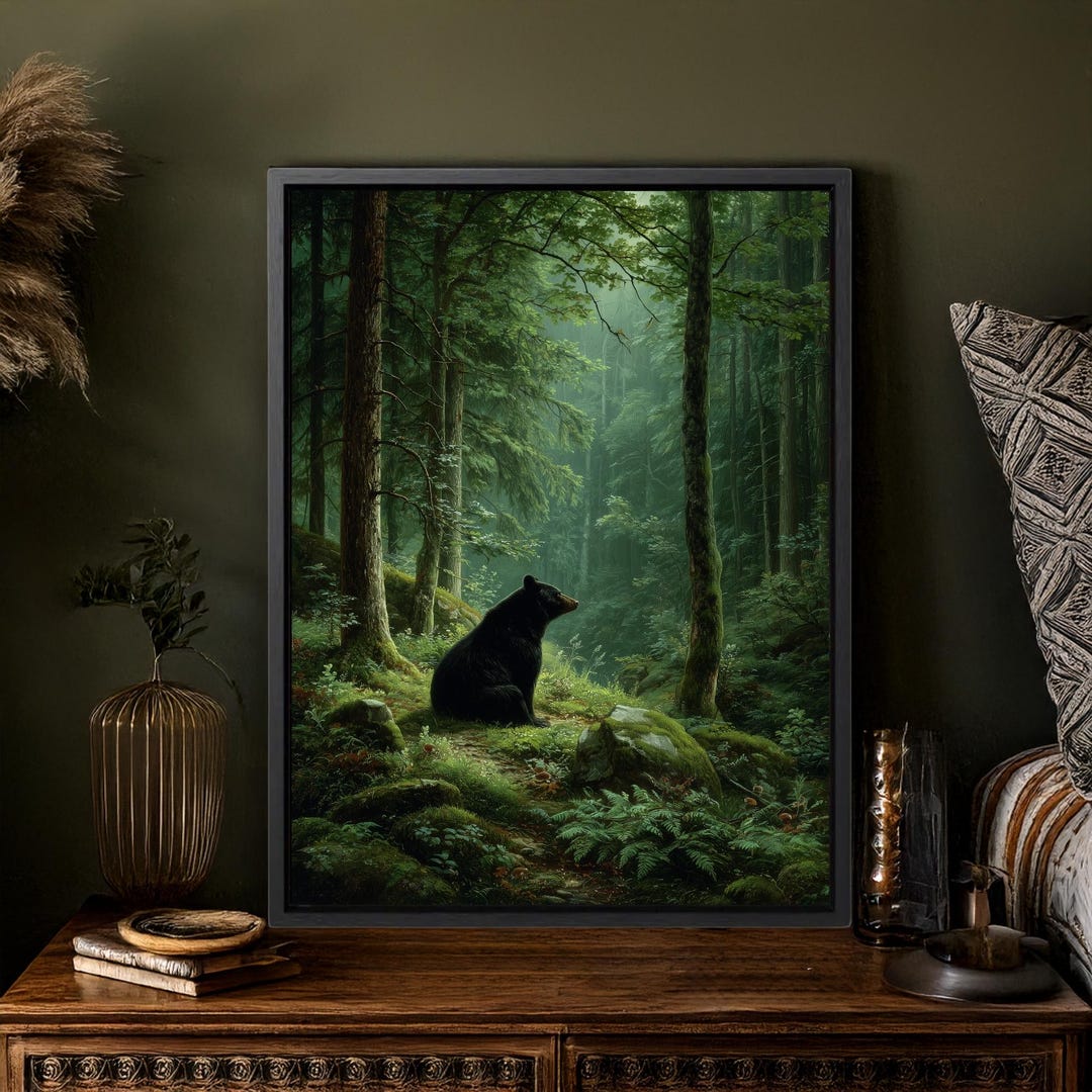 Black Bear Forest Art Print, Woodland Nature Wall Decor, Moody Green ...