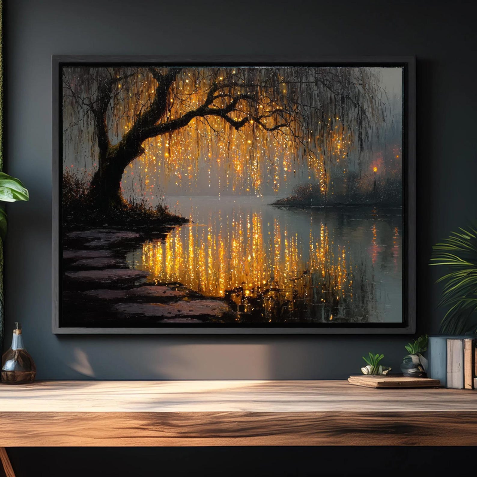 Enchanted Willow Tree Fairy Lights Art Print, Moody Magic Lake ...