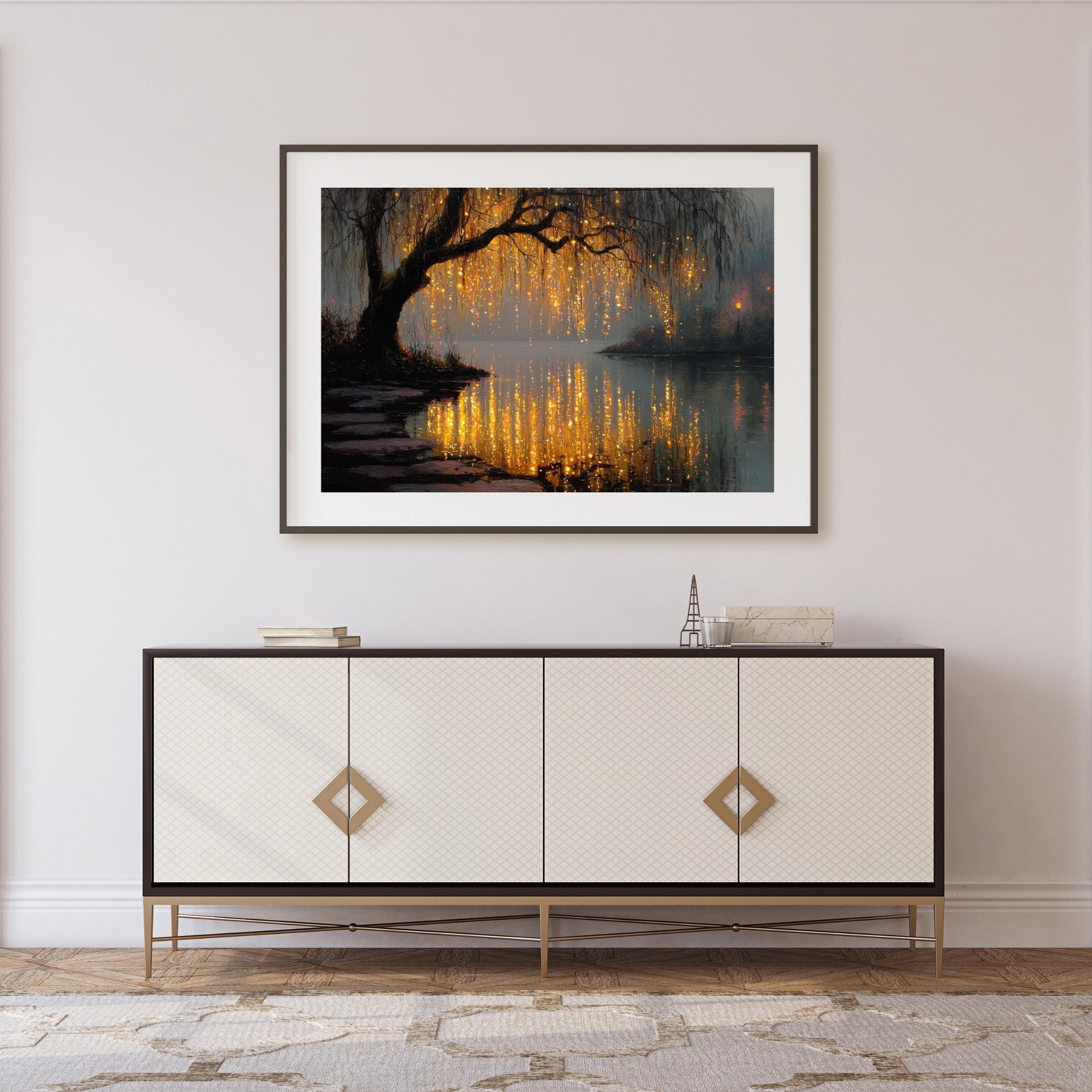 Enchanted Willow Tree Fairy Lights Art Print, Moody Magic Lake ...