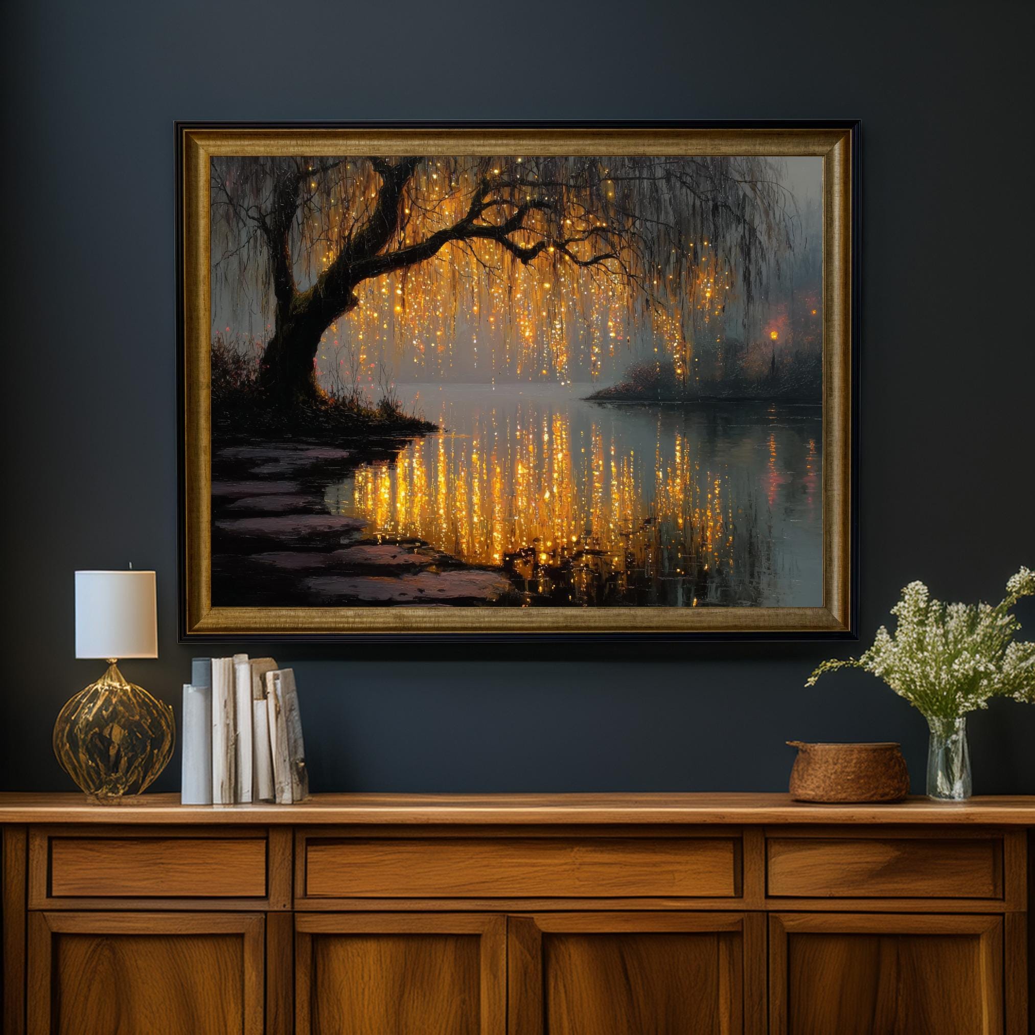 Enchanted Willow Tree Fairy Lights Art Print, Moody Magic Lake ...