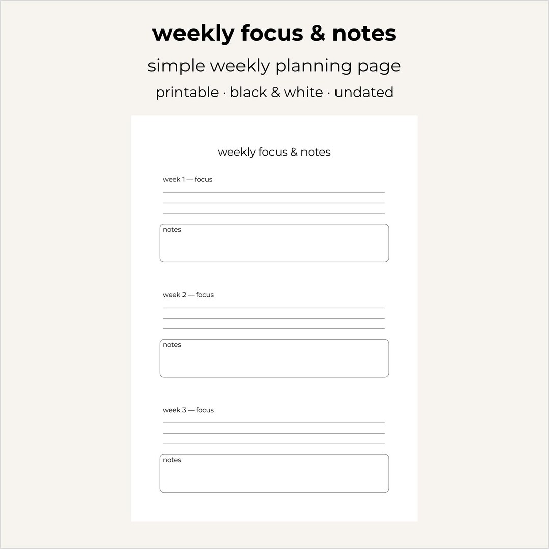 Weekly Focus & Notes Printable Planner Page | Simple Focus Tracker - Etsy
