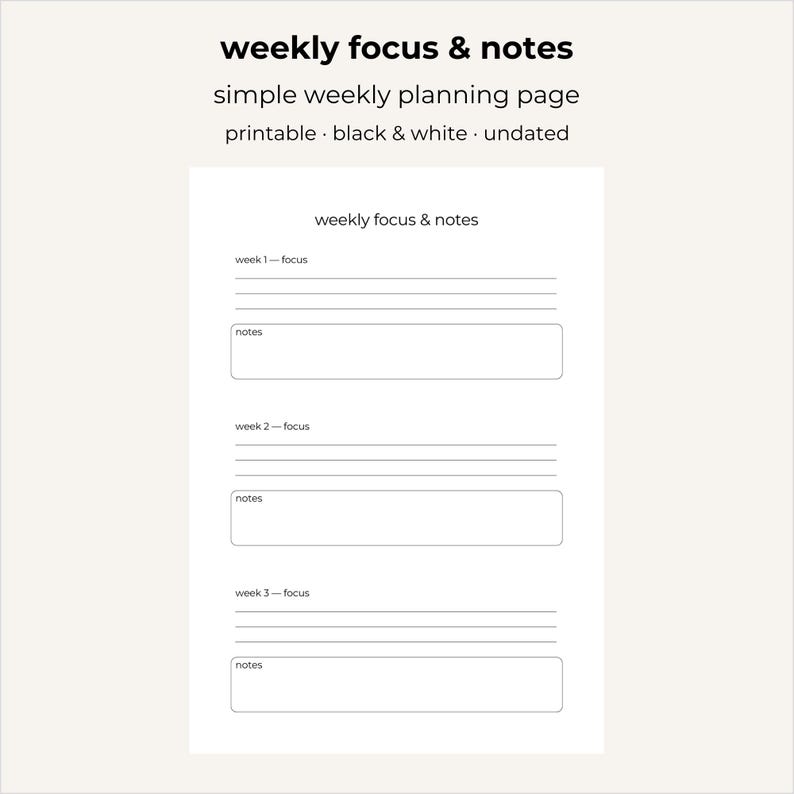 Weekly Focus & Notes Printable Planner Page | Simple Focus Tracker - Etsy