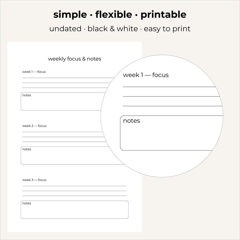Weekly Focus & Notes Printable Planner Page | Simple Focus Tracker - Etsy