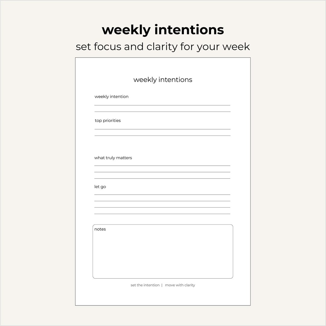 Weekly Intentions Planner Printable Minimal Planning Page - Etsy