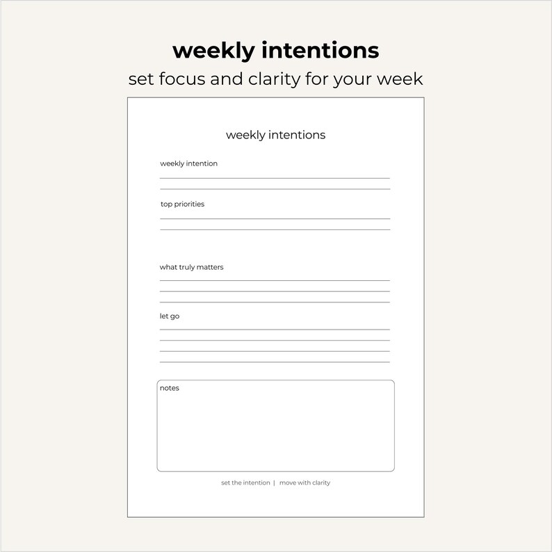 Weekly Intentions Planner Printable Minimal Planning Page - Etsy