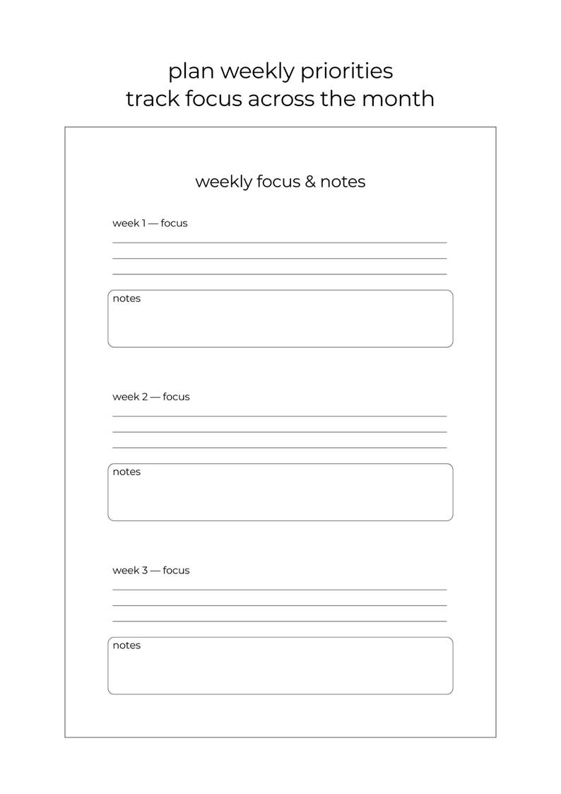 Weekly Focus & Notes Printable Planner Page | Simple Focus Tracker - Etsy