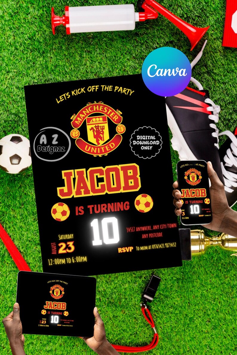 Manchester United Birthday Invitation Editable Canva Template • Soccer ...