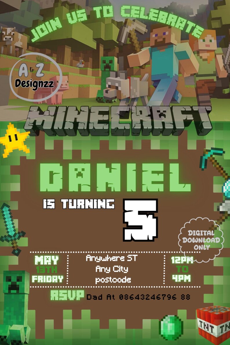 Minecraft Birthday Invitation Template Canva | Bright Digital Editable ...