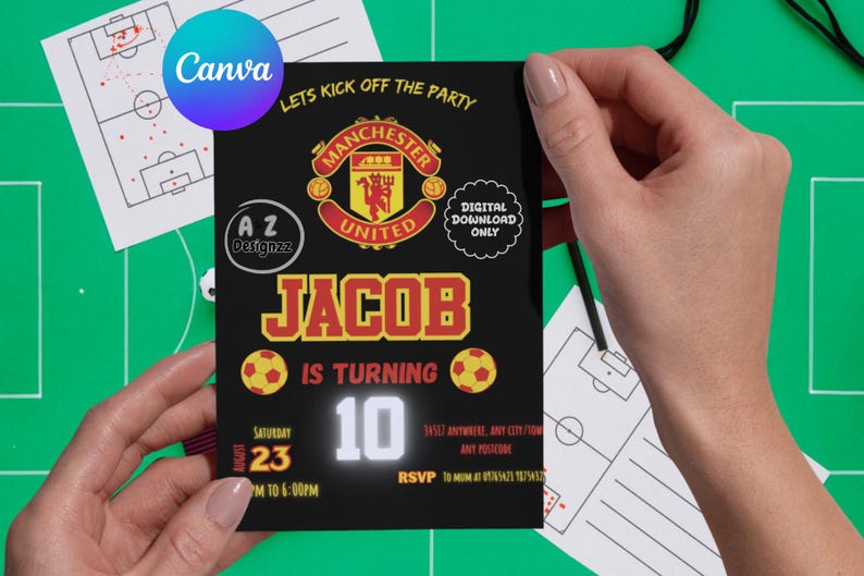 Manchester United Birthday Invitation Editable Canva Template • Soccer ...