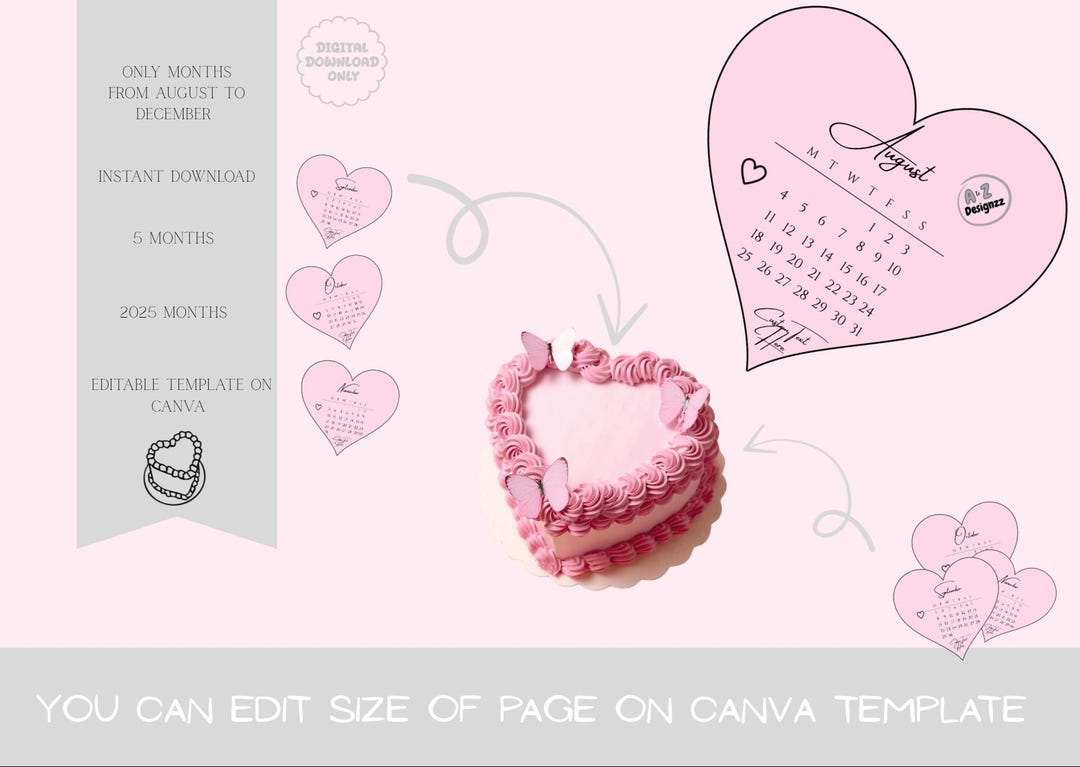Burn Away Heart Cake Topper – Aug-dec 2025 Calendar (editable Canva ...