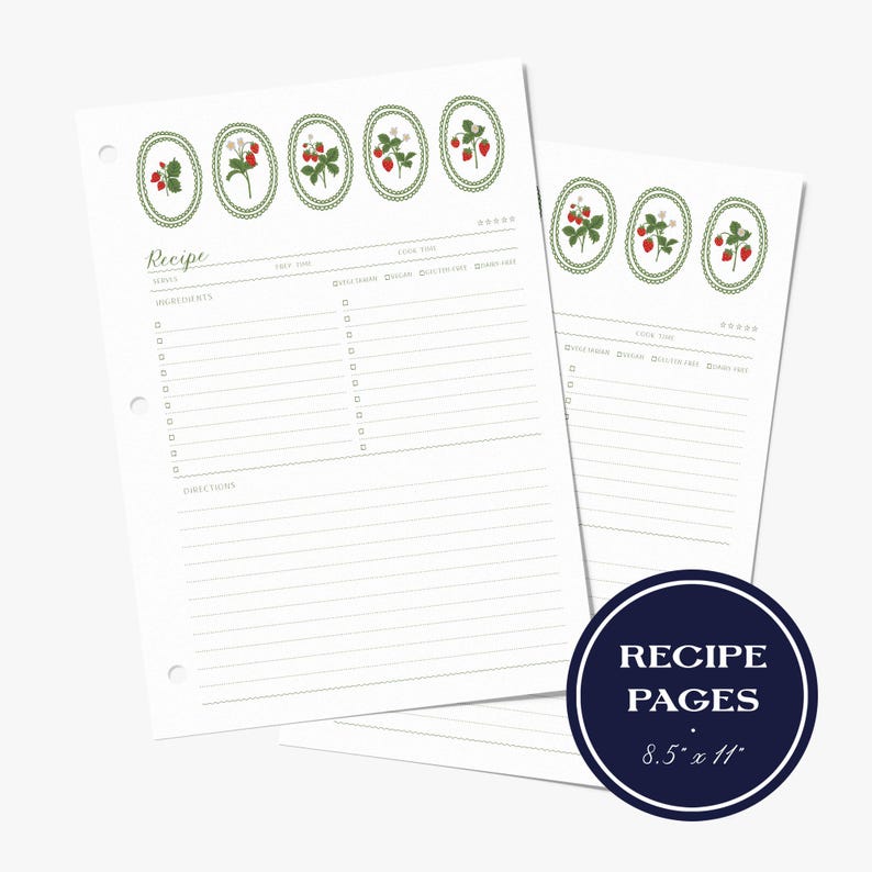 Strawberry Recipe Binder Refill Pages, Botanical Recipe Inserts, Double ...
