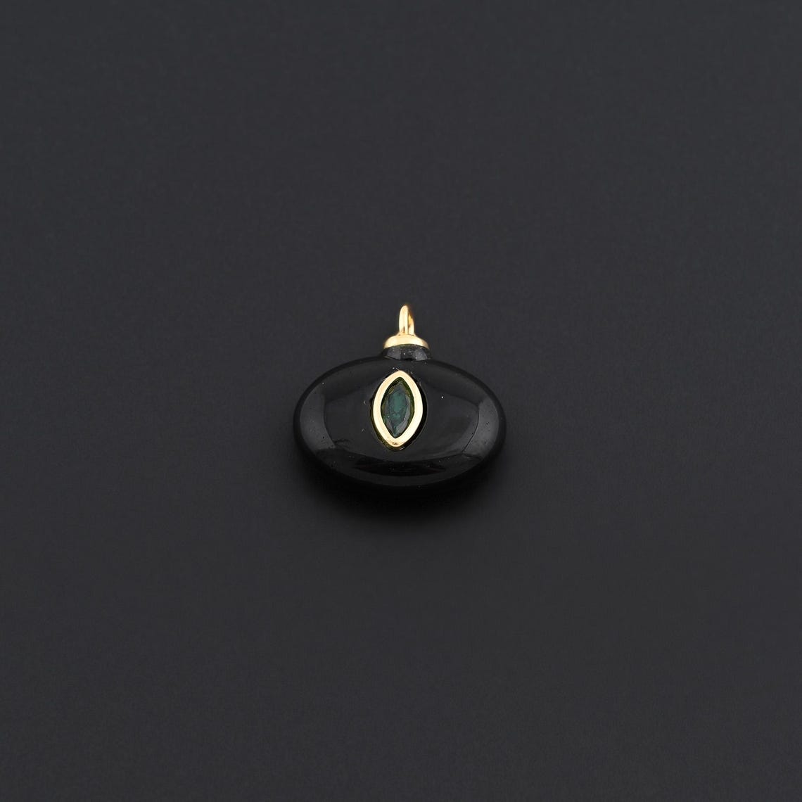 Glossy Black Onyx Pendant With Marquise Zircon Inlay and Golden Loop ...