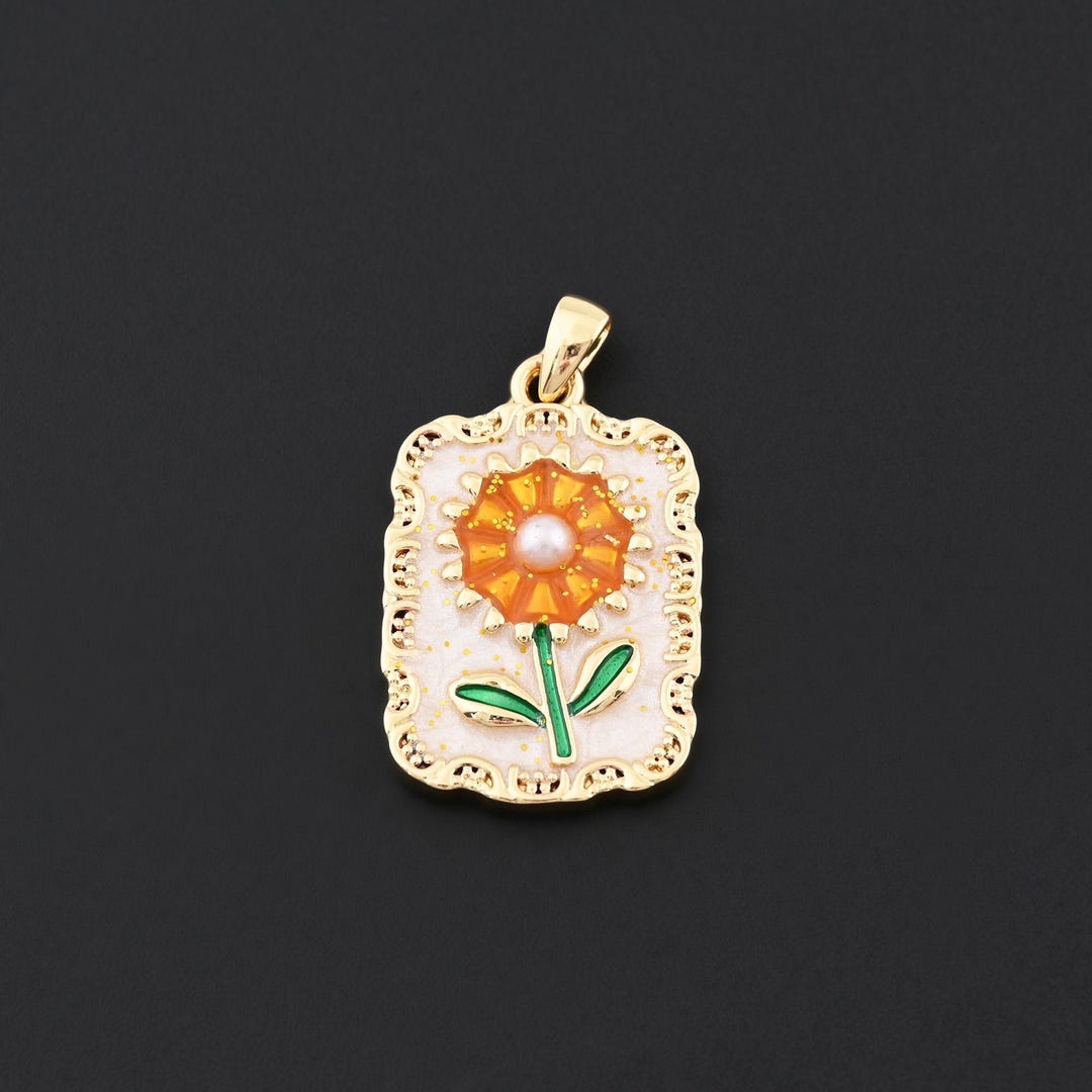 Retro Flower Charm With Orange Petals and Gold Sparkle Accents in ...