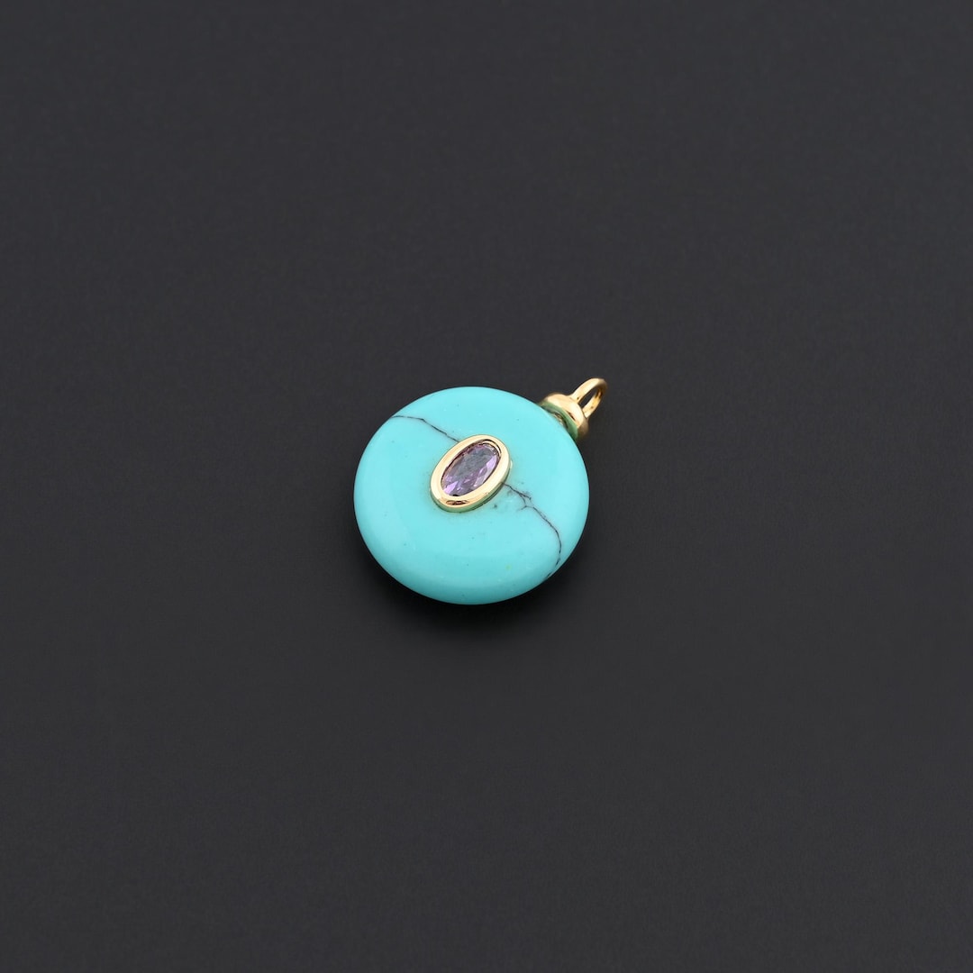 Round Turquoise Pendant With Oval Zircon Inlay and Gold Loop, Perfect ...