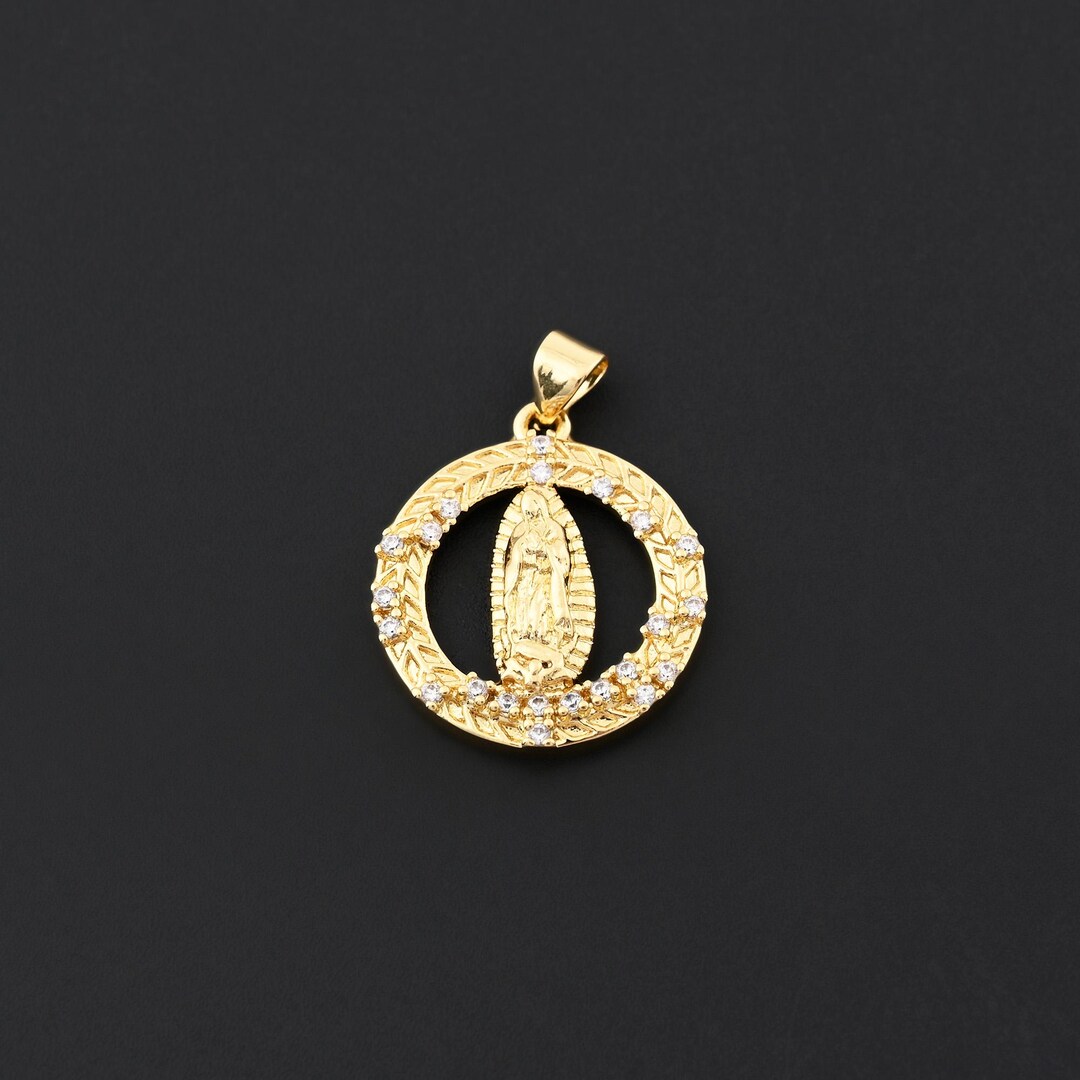 Round Virgin Mary Pendant With Wheat Texture Border and CZ Detail in ...