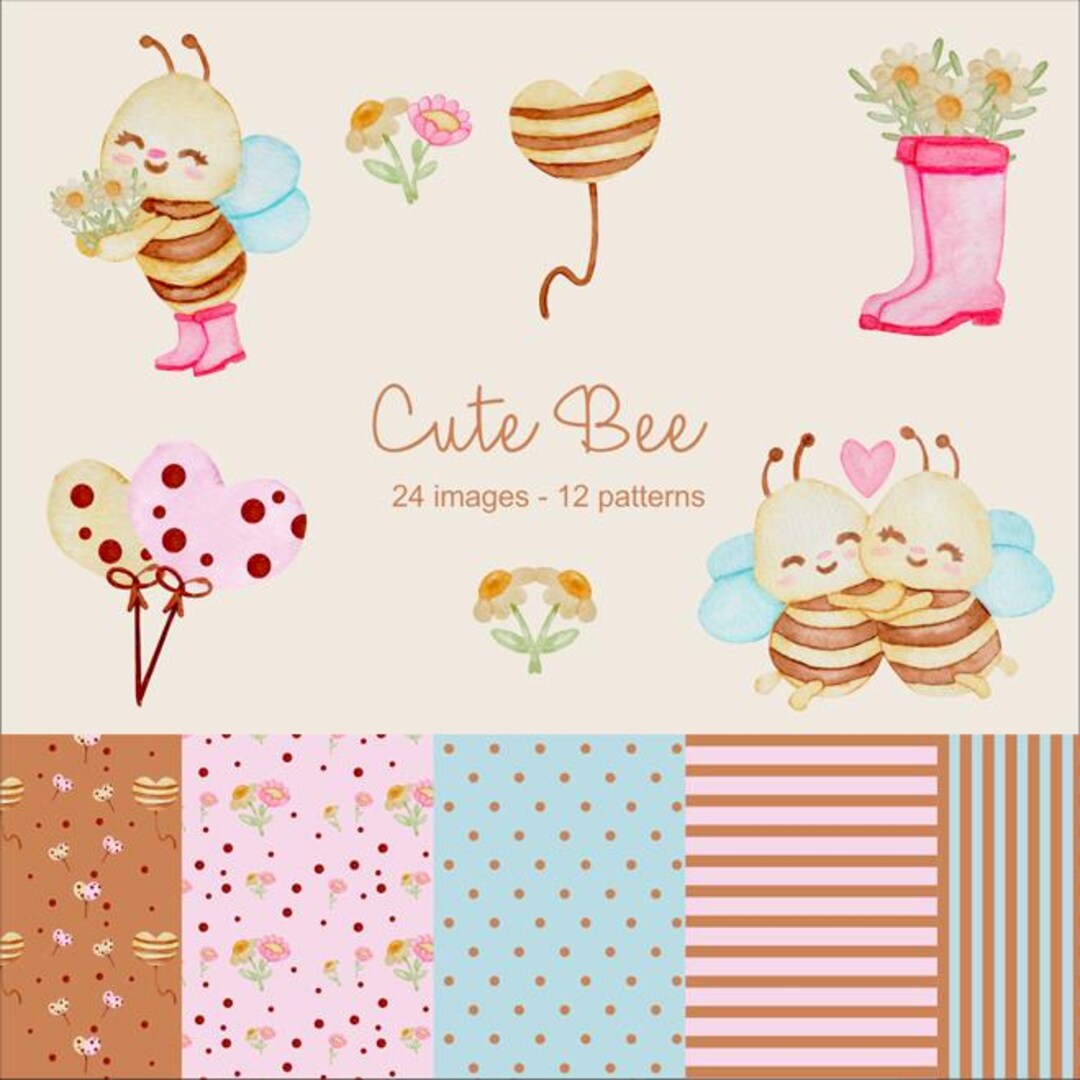 Watercolor Bee , Little Bee Clipart Pack, Party Supplies, Digital Paper ...
