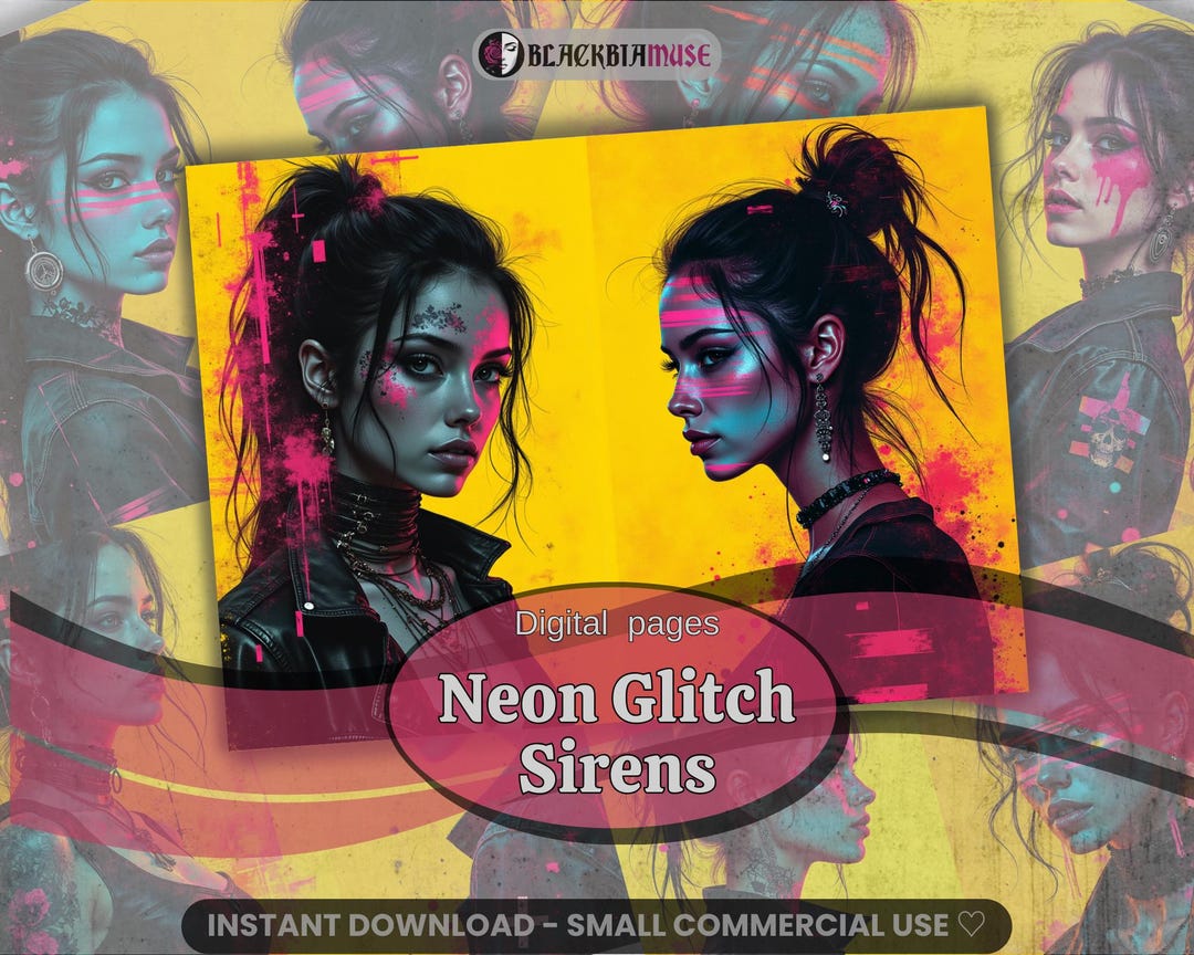 Cyberpunk Ladies Digital Pages, Neon Glitch Portraits Junk Journal Kit ...